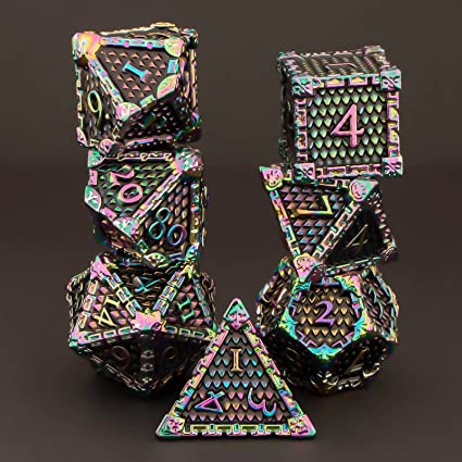 Kerwellsi 7 Pcs Dragon Scale Rainbow Black Metal Dice Set with Box ...